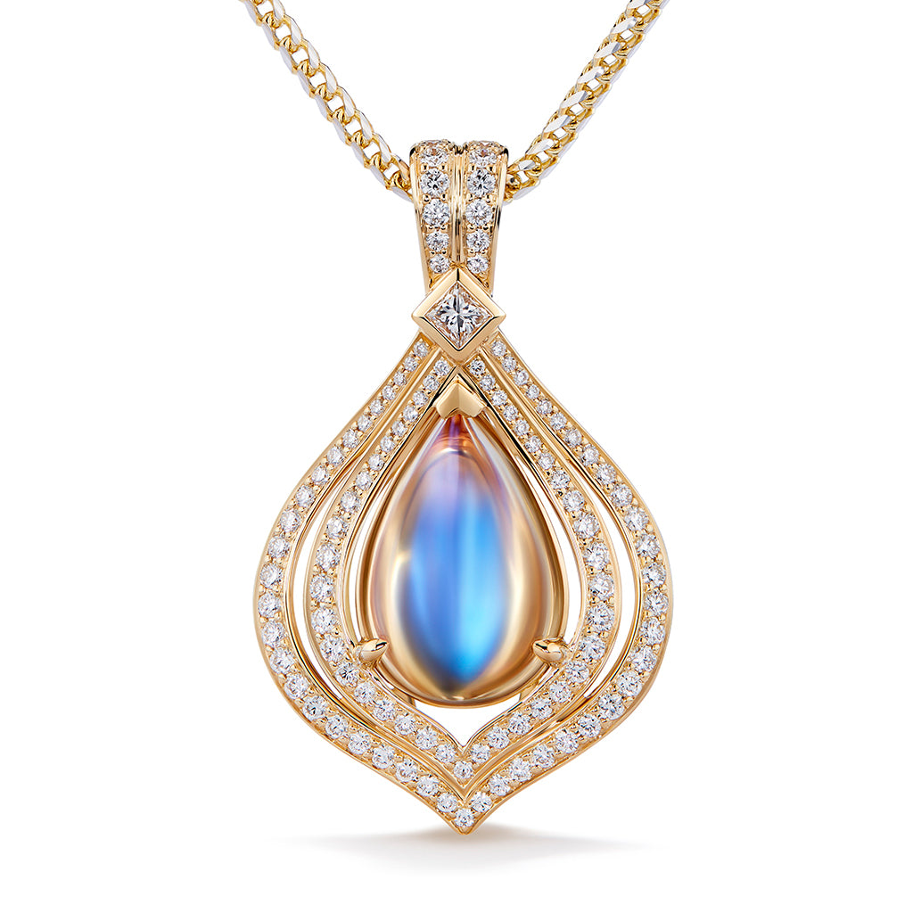 Ceylon Blue Moonstone Necklace with D Flawless Diamonds set in 18K Yel ...