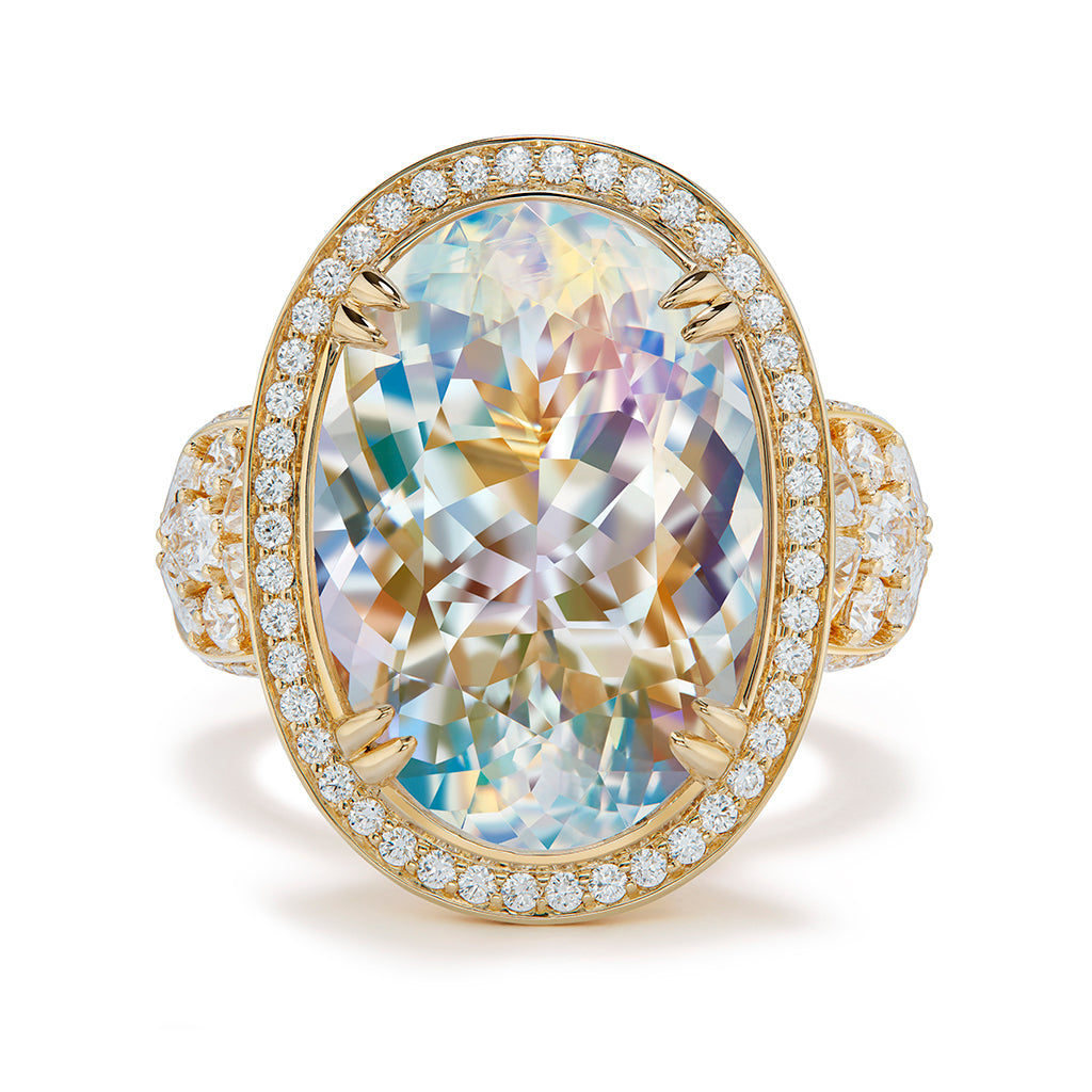 Ceylon Rainbow Moonstone Ring with D Flawless Diamonds set in 18K Yell ...